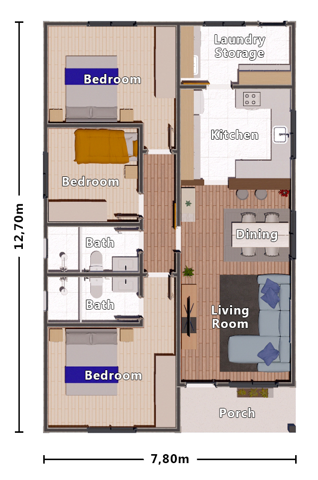 Plano de Casa Sencilla de 3 Dormitorios - H3