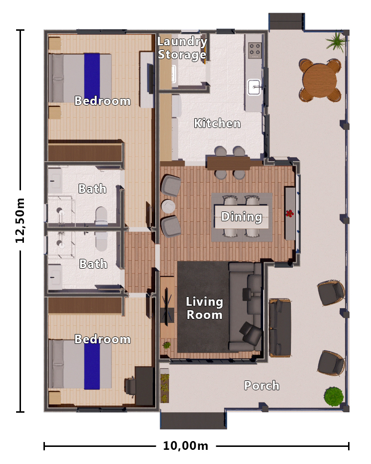 2 Bedroom House Plan - Simple House with Porch - H4